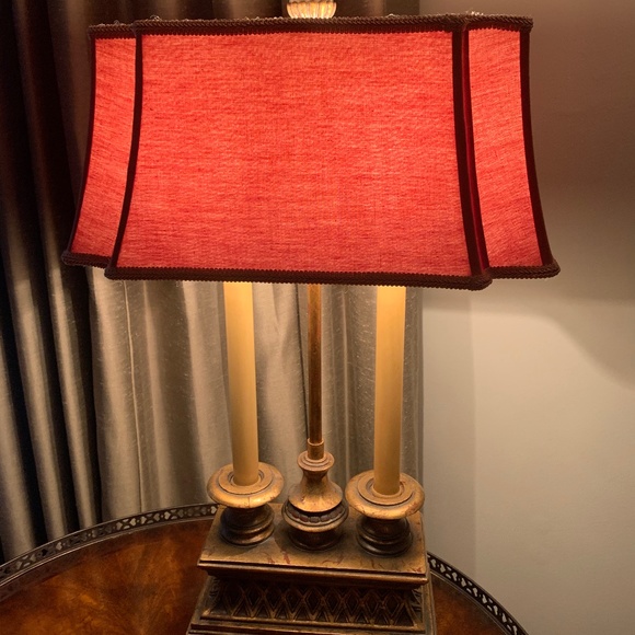 Accents | Antique Gold Table Lamp With 2 Candles And Red Shade | Poshmark